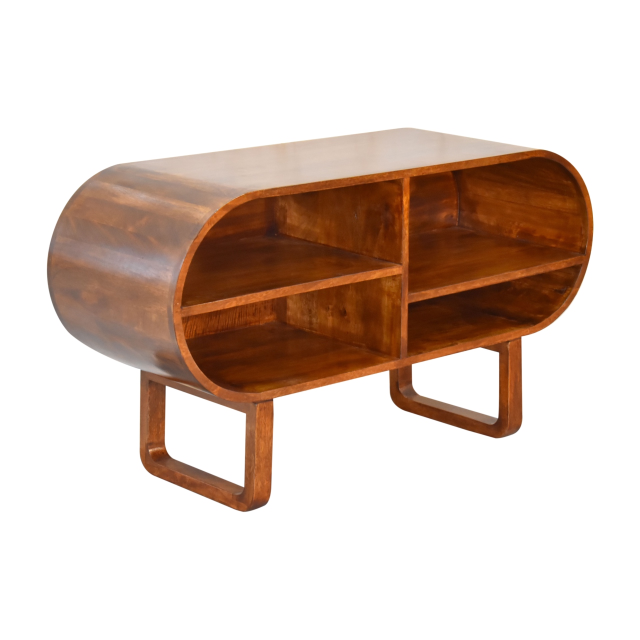 Chestnut TV Unit – Mid-Century Circular Design with Open Slots