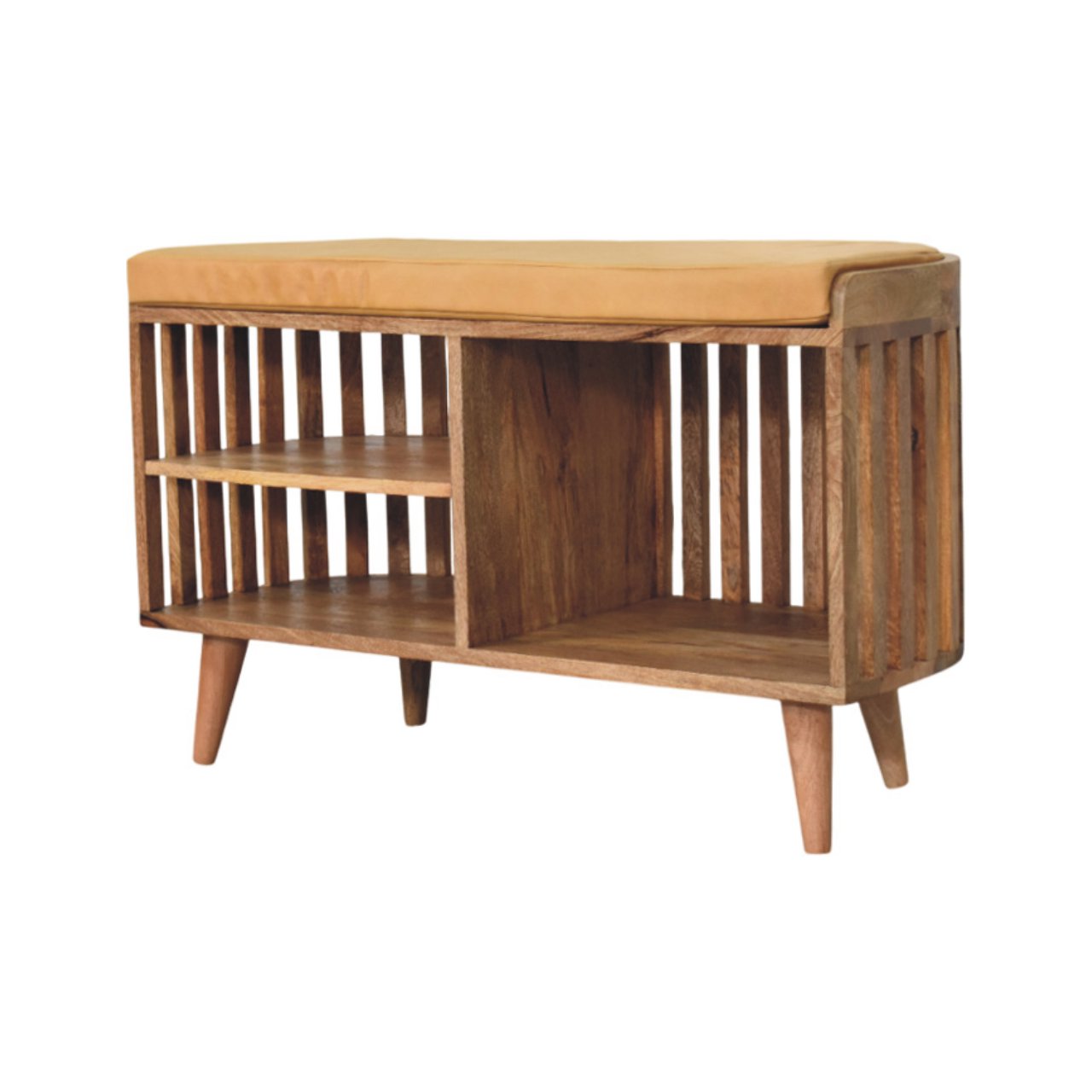 Oak Toned Bench – Buffalo Leather, Slatted Storage, Scandi Legs